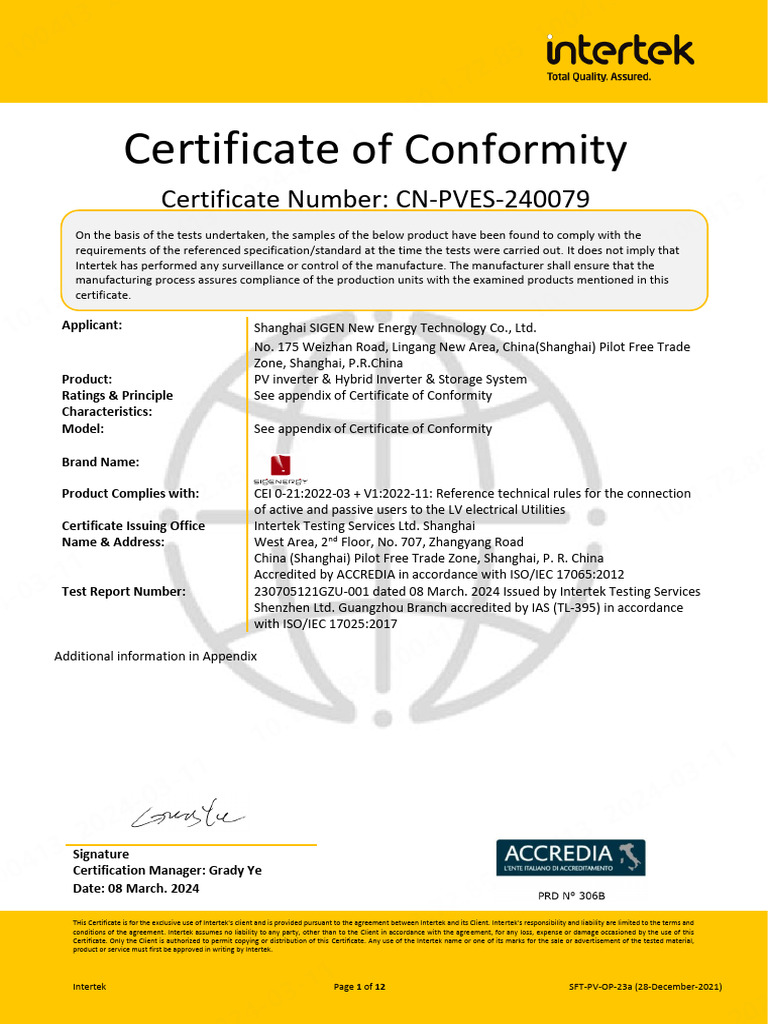 SigenStor EC, Sigen Hybrid&PV Max - TP - CEI 021 - Certificate | PDF ...