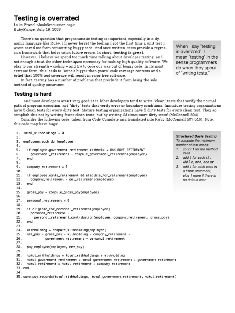 Testing Is Overrated Handout | PDF | Software Testing | Software Bug