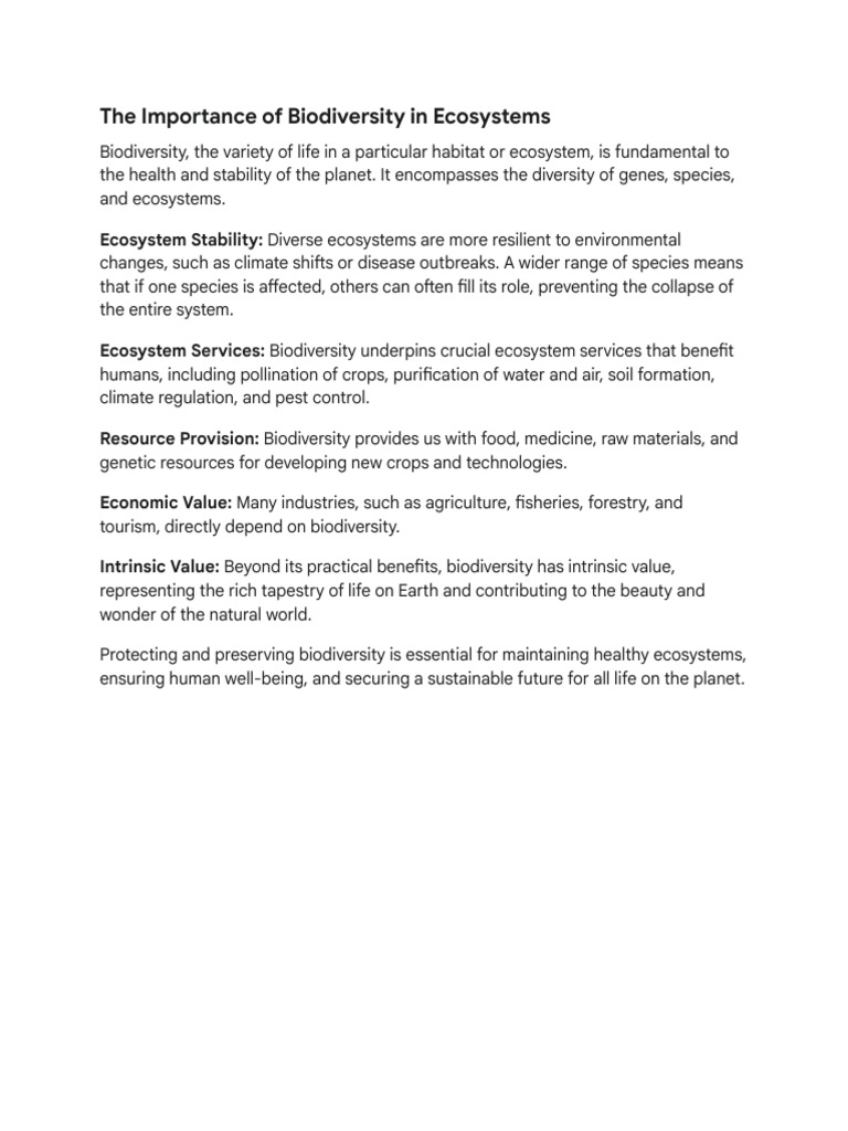 The Vital Role of Biodiversity in Ecosystems | PDF