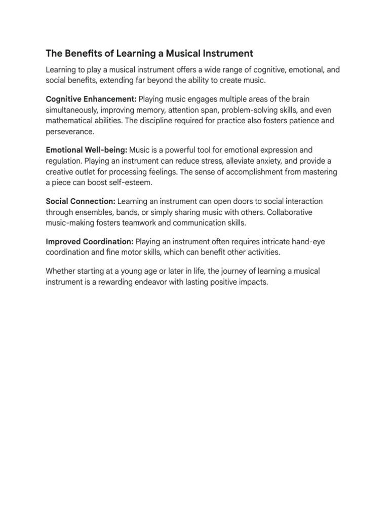 Report 2 - The Benefits of Learning A Musical Instrument | PDF