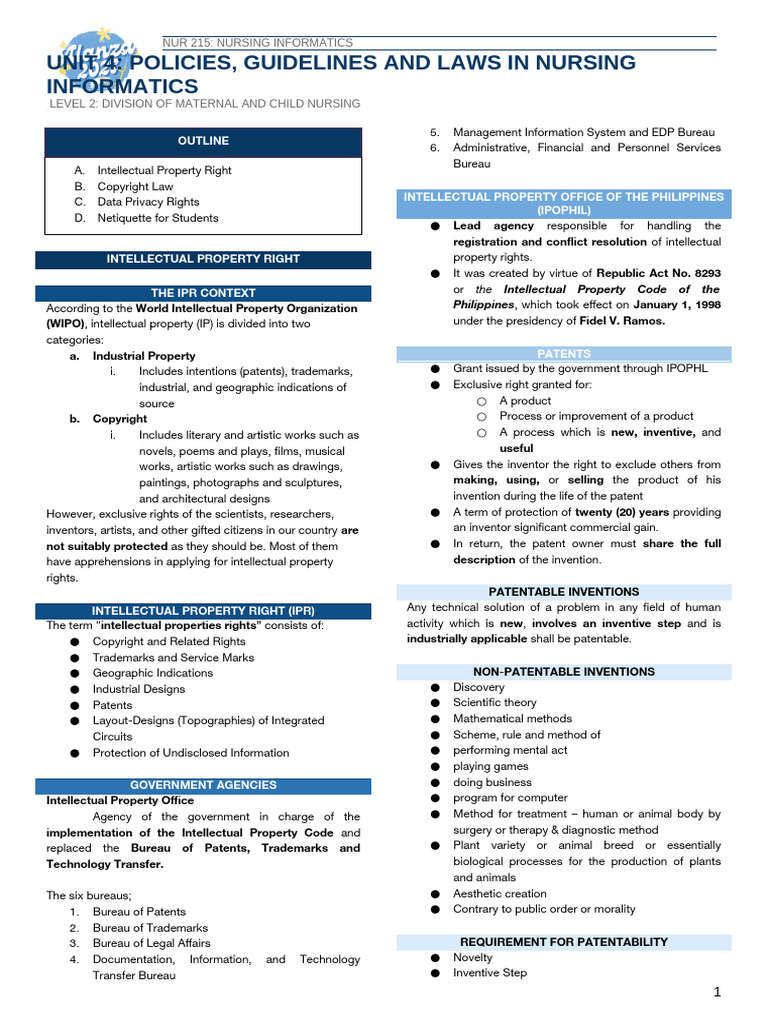 (NUR 215) UNIT 4 - Policies, Guidelines and Laws in Nursing Informatics ...