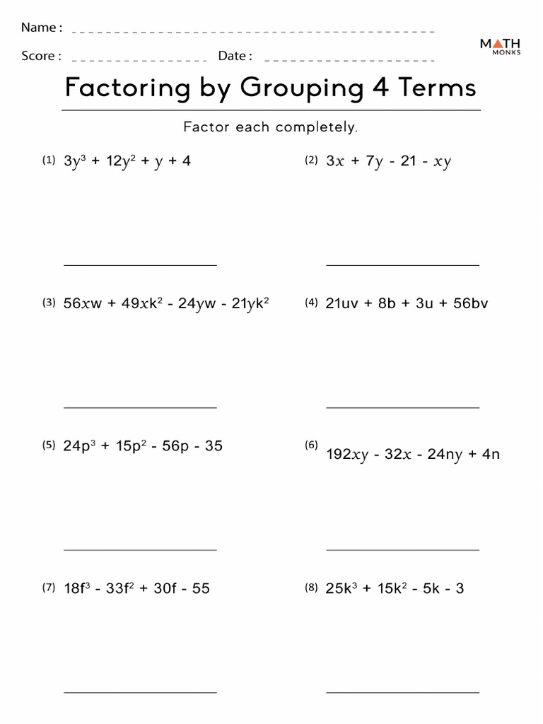 Factoring by Grouping 4 Terms Worksheet | PDF