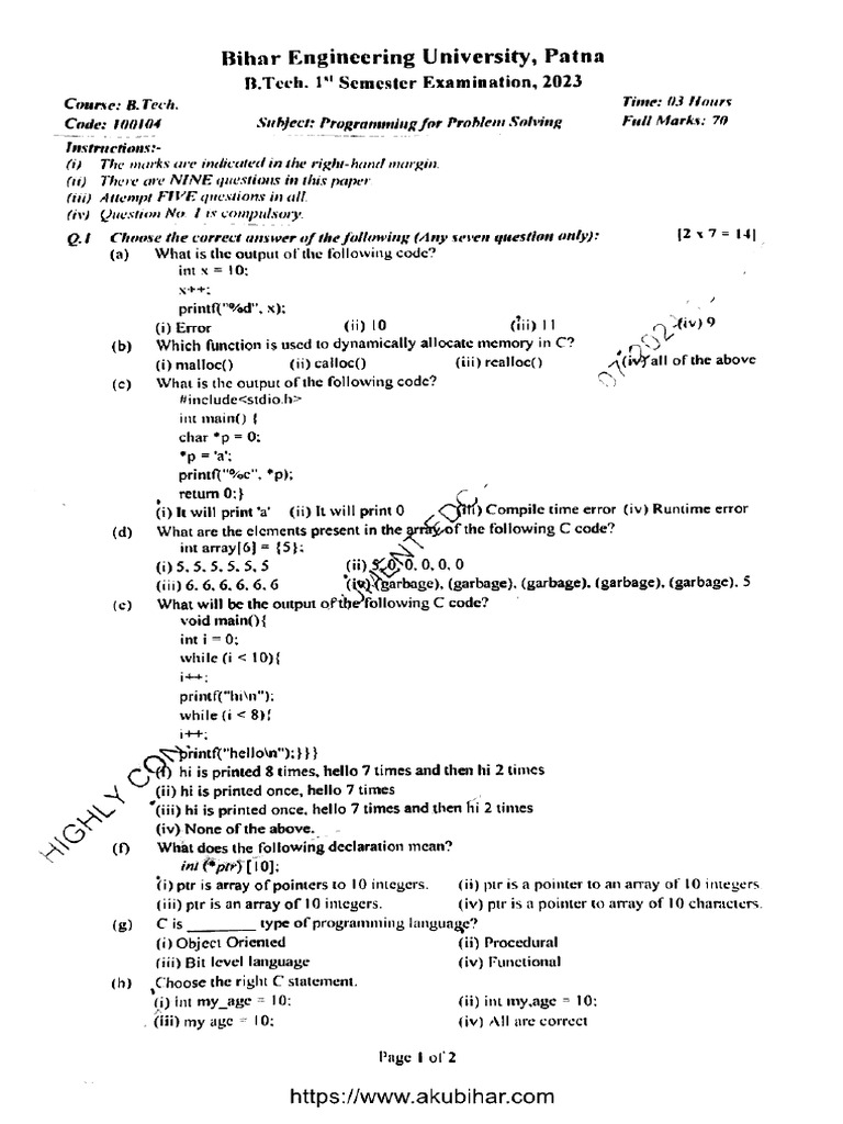 btech-1-sem-programming-for-problem-solving-100104-2023 | PDF