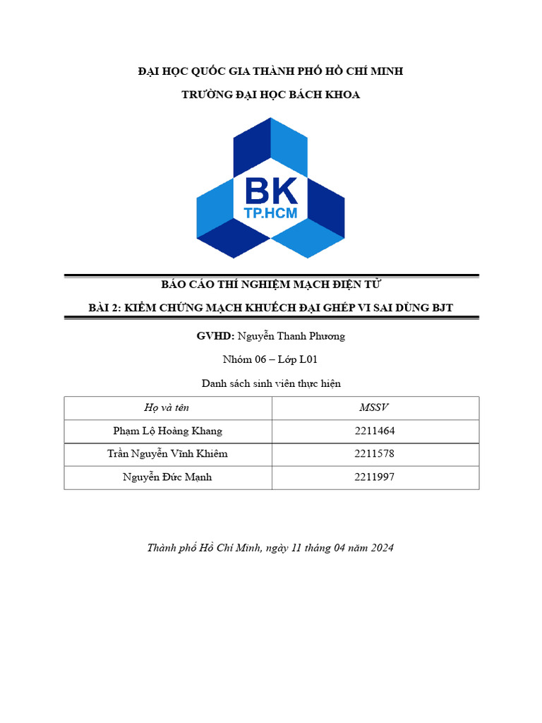 Báo cáo thí nghiệm mạch khuếch đại vi sai dùng BJT - L01 | PDF