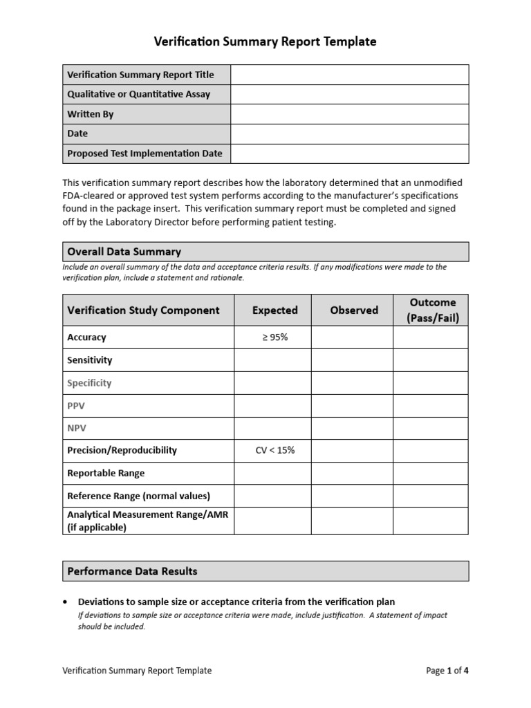 Verification Summary Report Template | PDF | Sensitivity And Specificity
