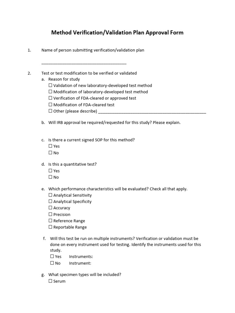 Method Verification Validation Plan Approval Checklist | PDF | Experiment | Statistics