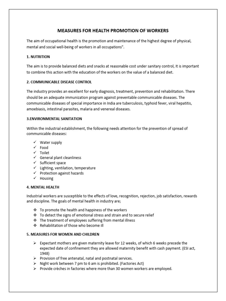MEASURES FOR HEALTH PROMOTION OF WORKERS | PDF | Infection | Mental Health