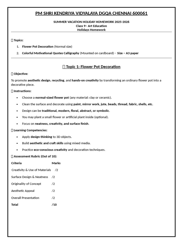 Class 9 Holidays Homework - Art Education | PDF | Calligraphy | Creativity