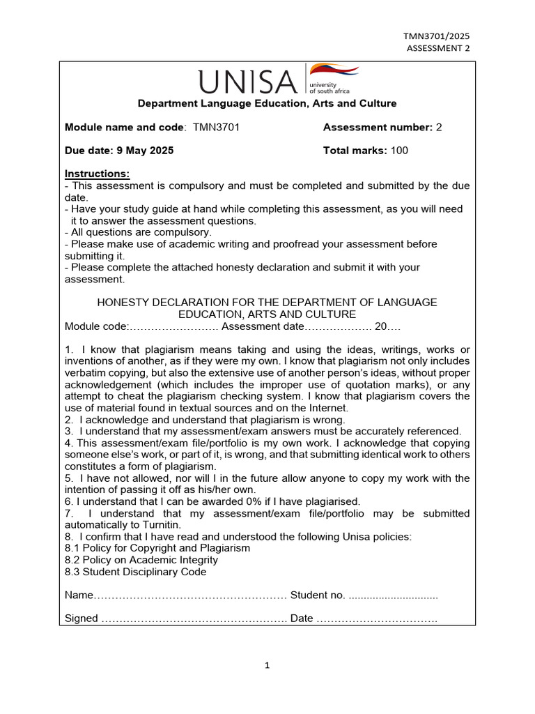 TMN3701 Assignment 2 2025 | PDF | Plagiarism | Cognition
