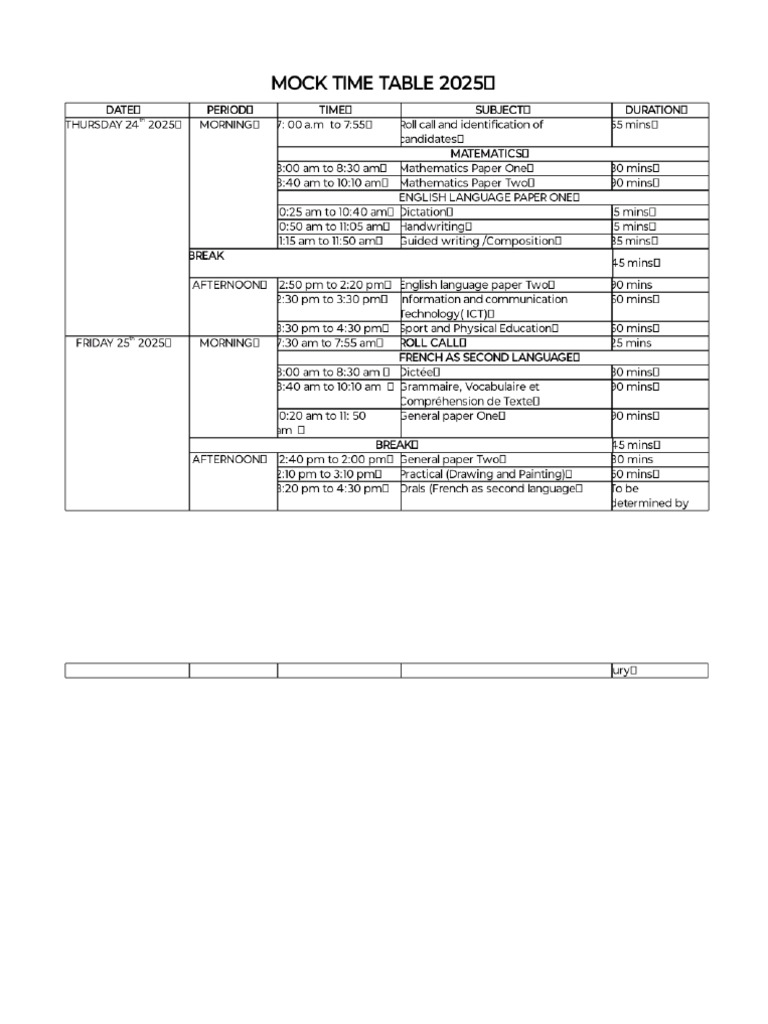 Mock 2025 Time Table | PDF