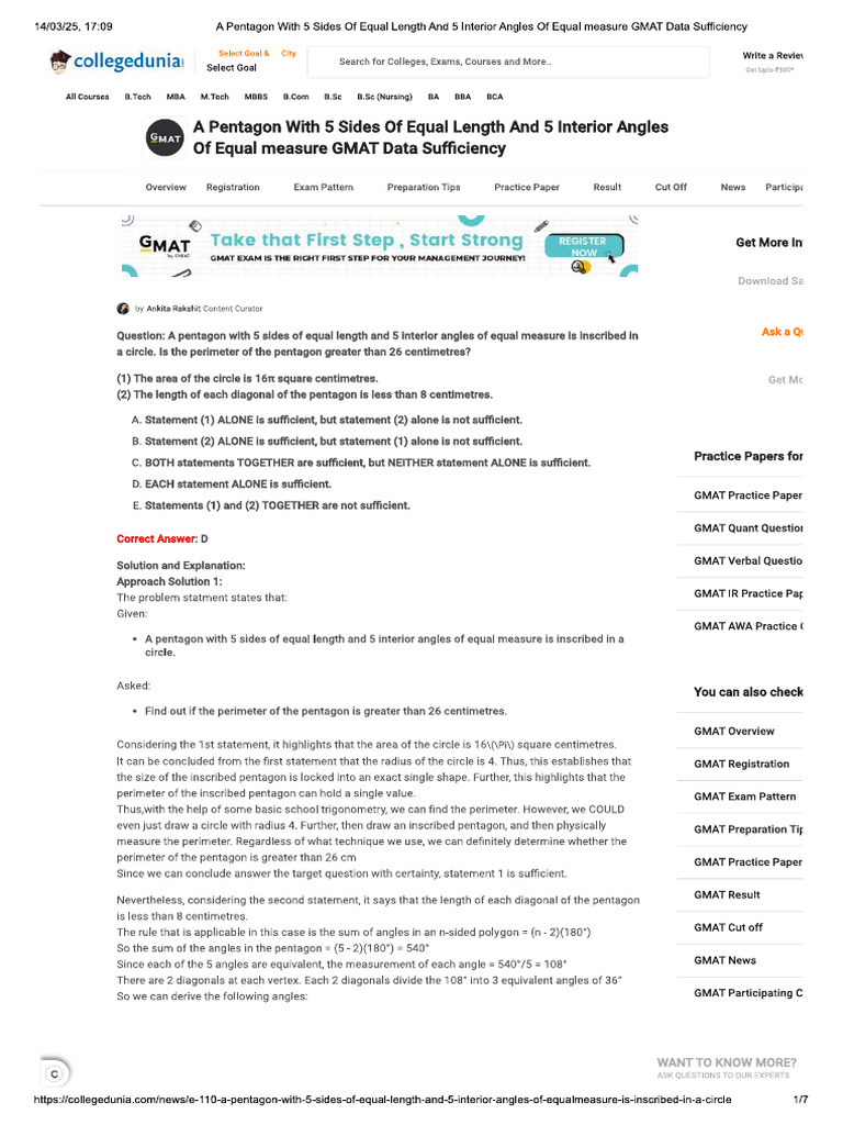 A Pentagon With 5 Sides of Equal Length... of Equal Measure GMAT Data Sufficiency | PDF