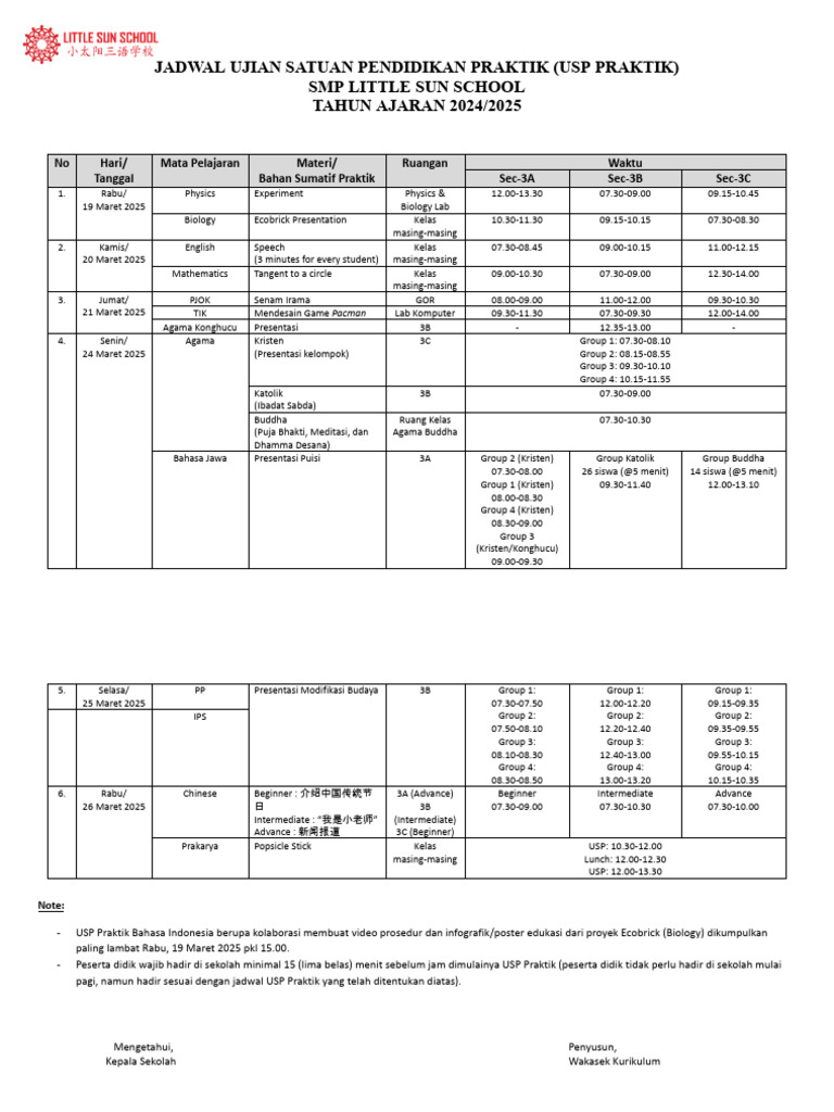Jadwal USP Praktik SMP Little Sun 2025 | PDF