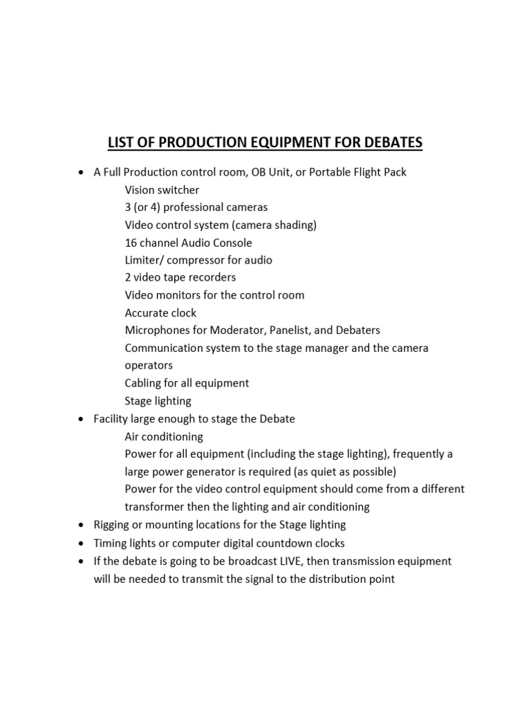 Production Equipment List For Debates | PDF