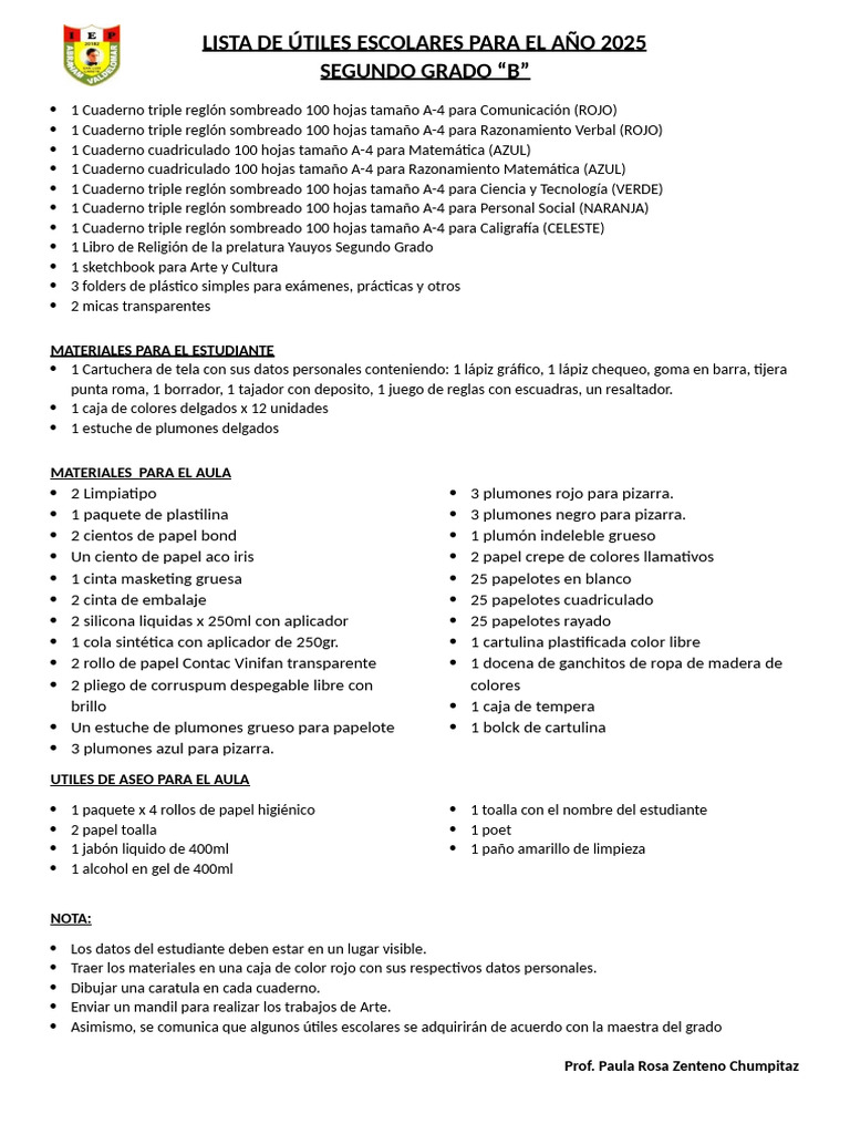 LISTA DE ÚTILES ESCOLARES 2b | PDF | Color