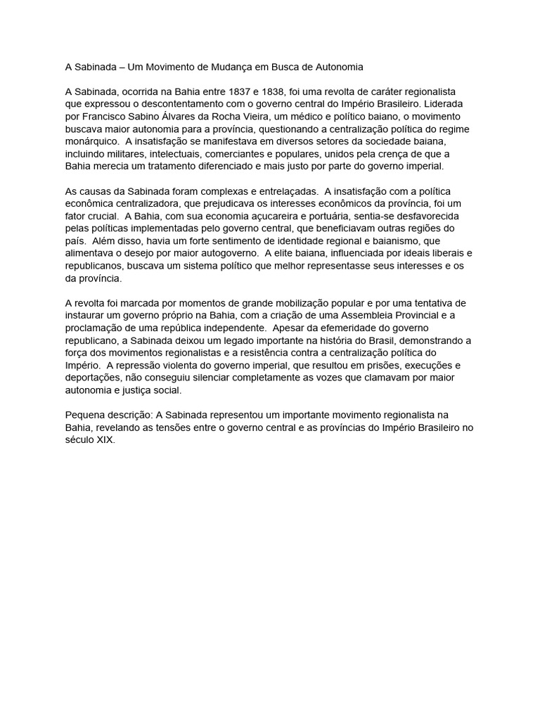 A Sabinada - Um Movimento de Mudança em Busca de Autonomia | PDF