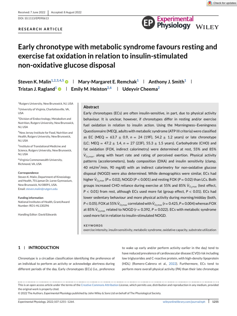 Experimental Physiology - 2022 - Malin - Early Chronotype With ...