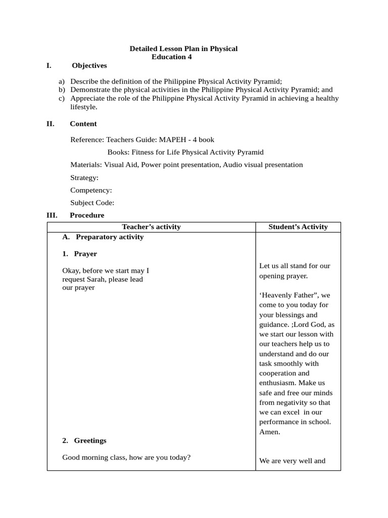 Detailed Lesson Plan in Physical Education Format | PDF | Physical ...