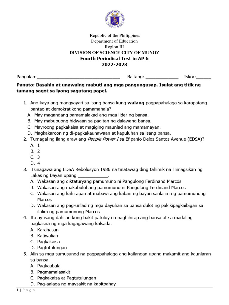 AP6 Q4 Assessment Tool | PDF