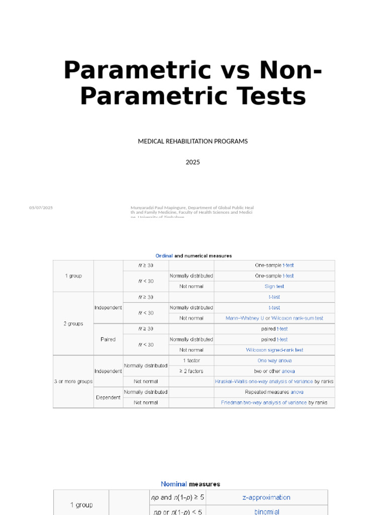 Parametric vs Non Parametric Tests MP Mapingure | PDF | Nonparametric ...