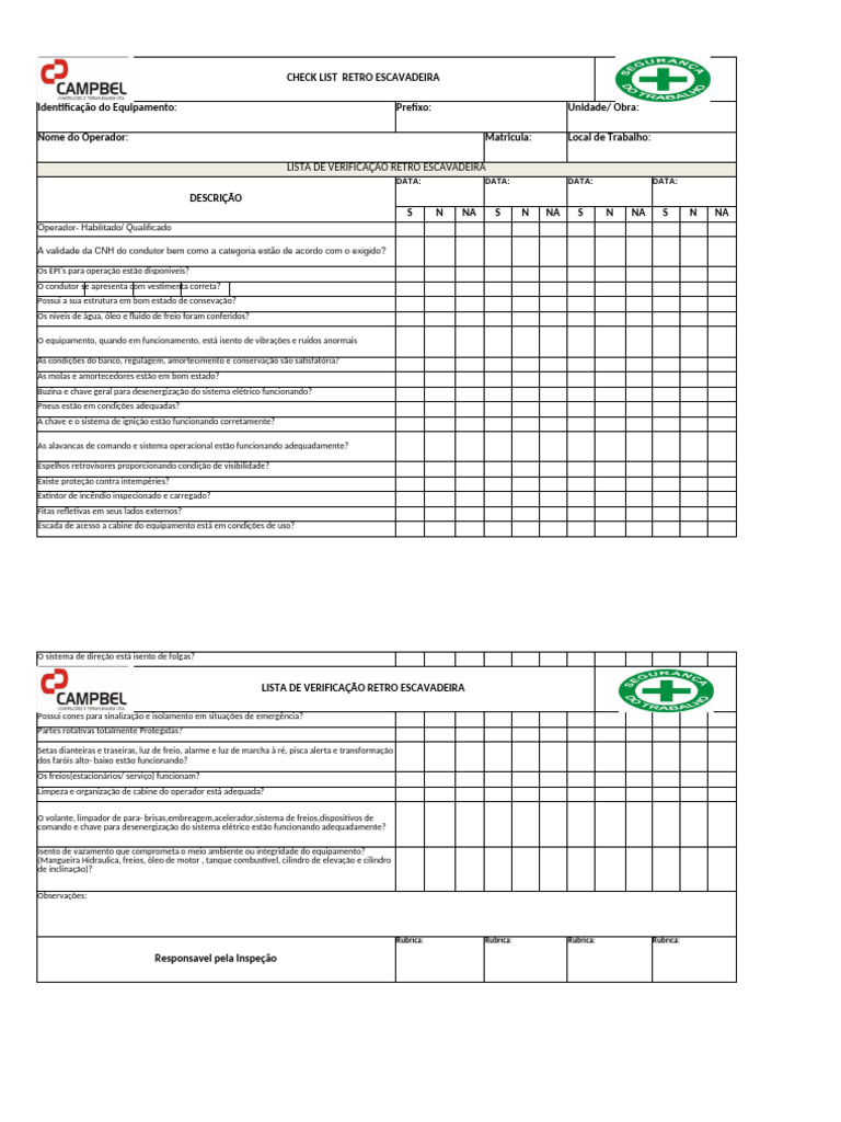 Check list Retro escavadeira | PDF