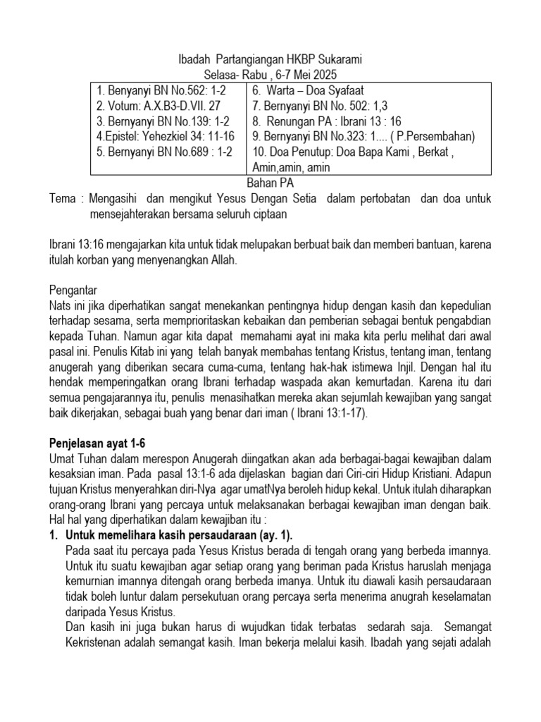 Khotbah Partangiangan HKBP Sukarami 6 Dan 7 Mei 2025 | PDF