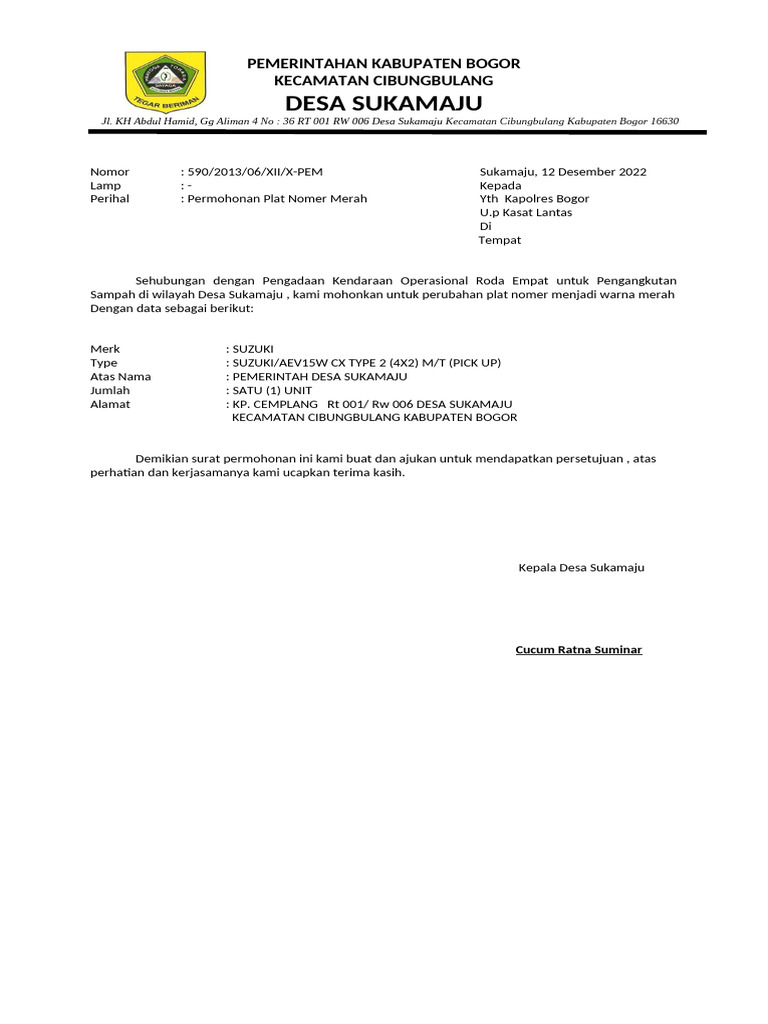 Surat Permohonan Plat Merah Kendaraan - Mobil Sampah | PDF