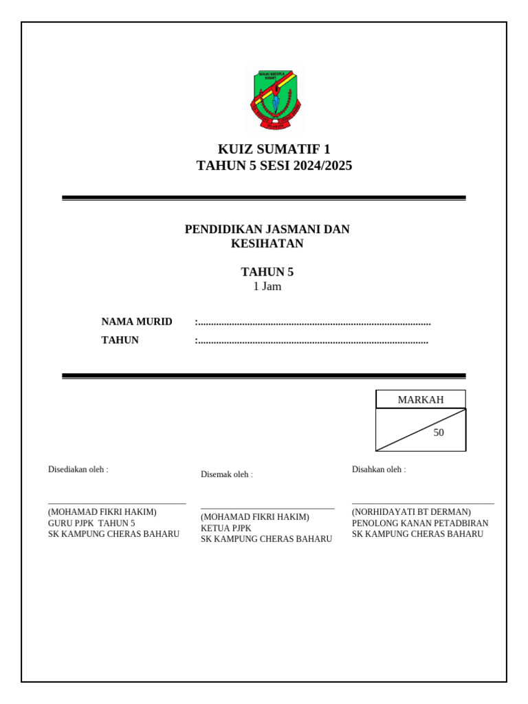 Cover Page - Kuiz Sumatif 1 PJPK | PDF