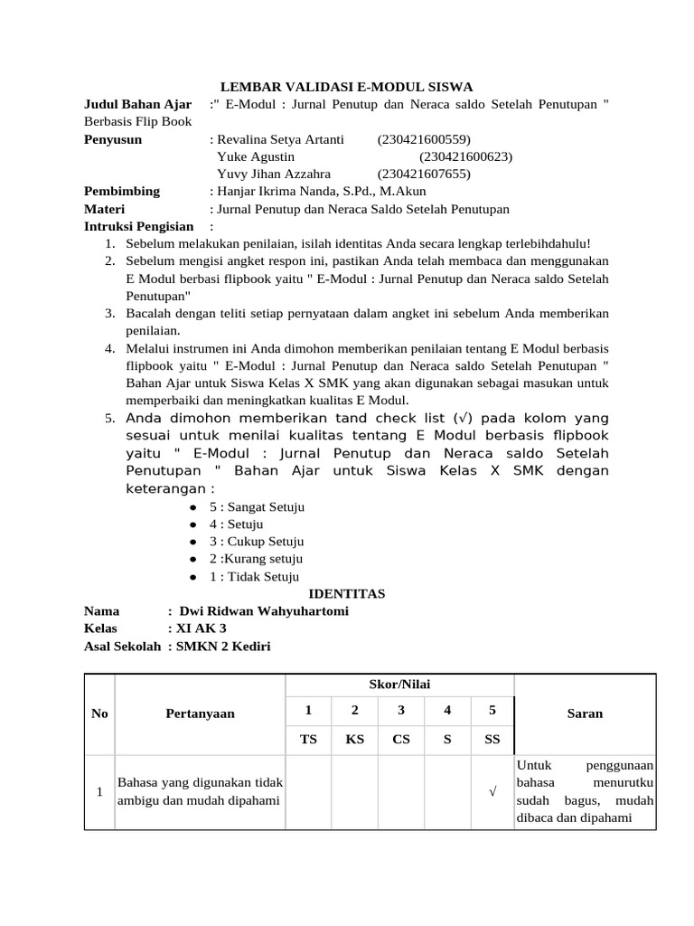 LEMBAR VALIDASI E-MODUL SISWA - Ridwan | PDF