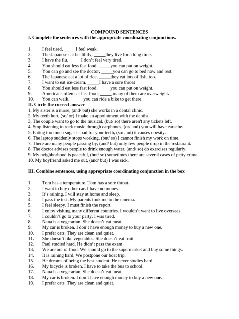 Compound Sentences Practice Exercises | PDF