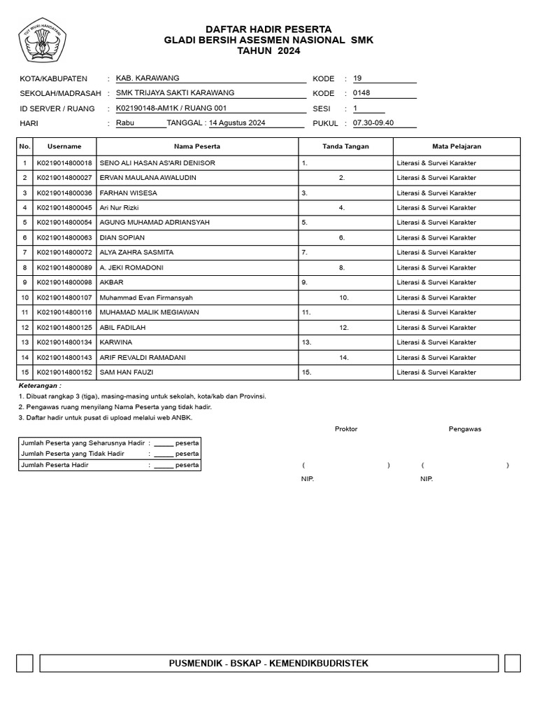 DAFTAR HADIR ANBK - Tahun 2024 - Trijas | PDF