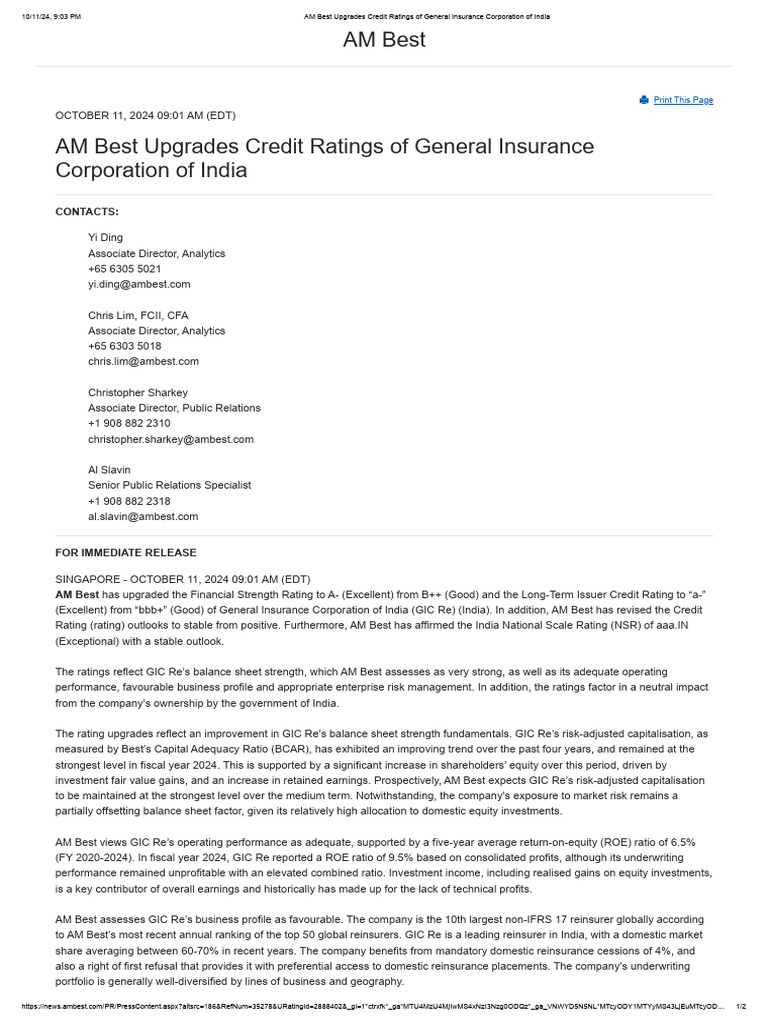 Credit Rating Reports of The Parent Company | PDF | Insurance ...