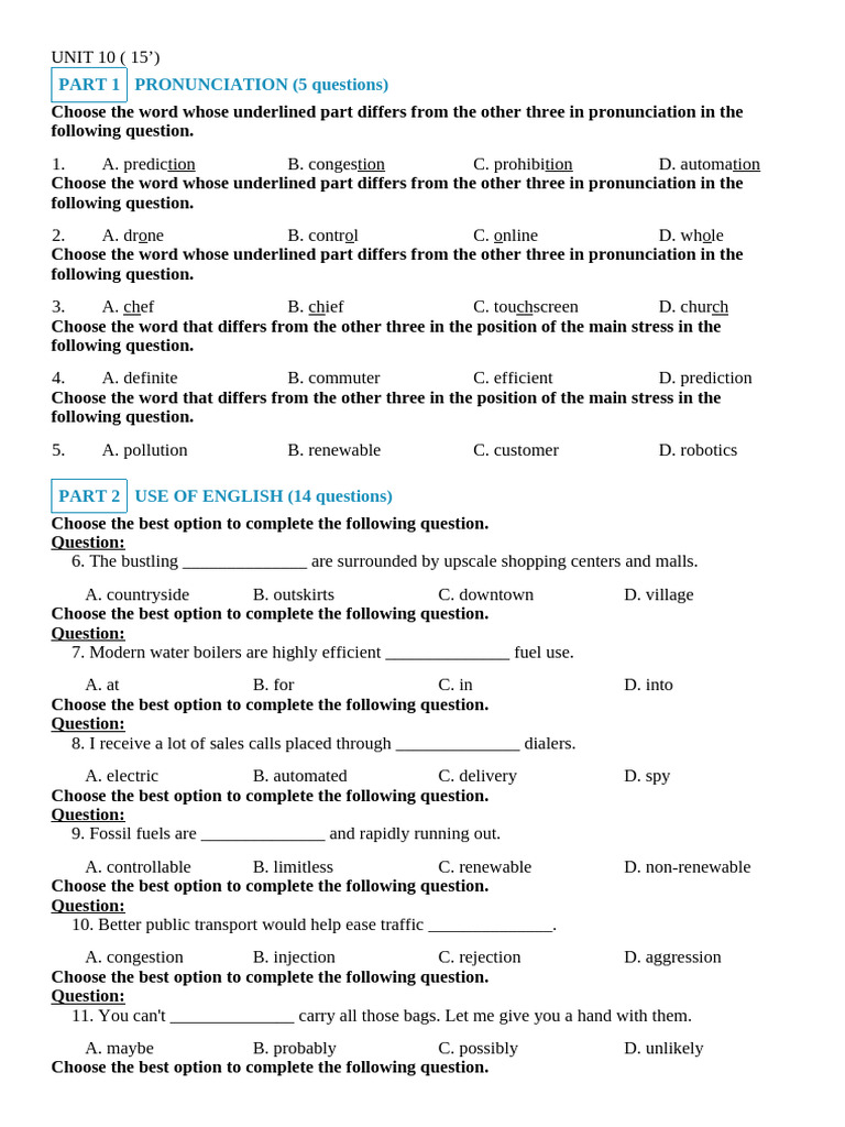 Pronunciation and Grammar Practice Test | PDF | Transport