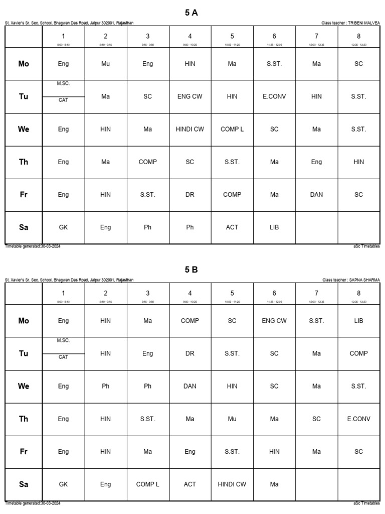 Class Time Table I V 2024 25 | PDF