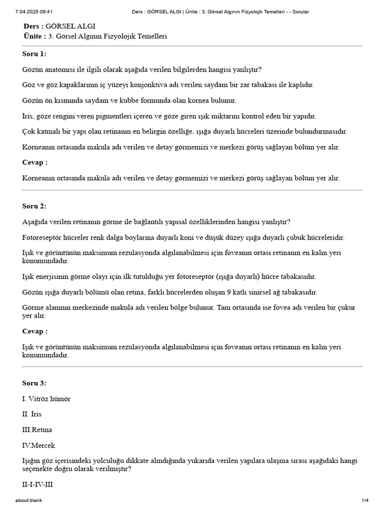 Ders _ GÖRSEL ALGI _ Ünite _ 3. Görsel Algının Fizyolojik Temelleri - - Sorular | PDF