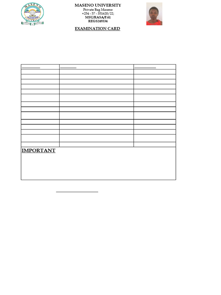 Maseno University Exam Card Details | PDF