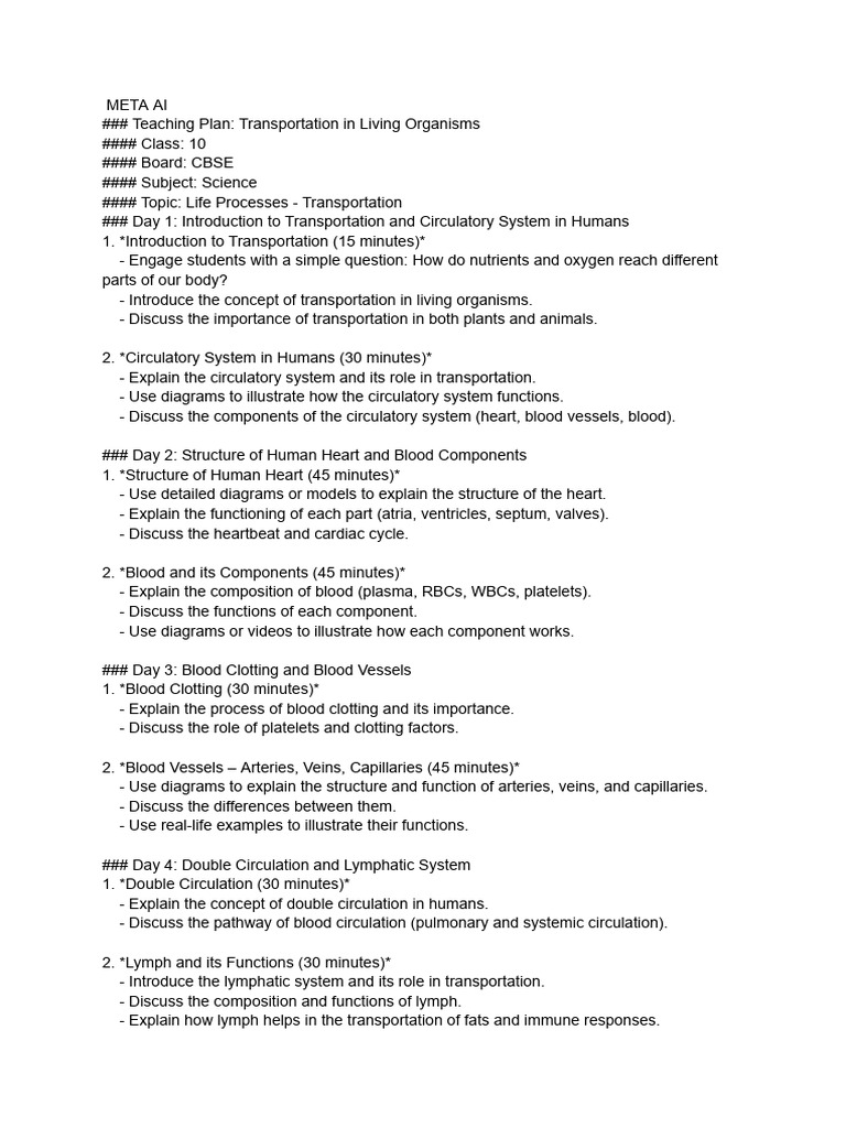 Teaching Plan: Transportation in Organisms | PDF | Circulatory System ...