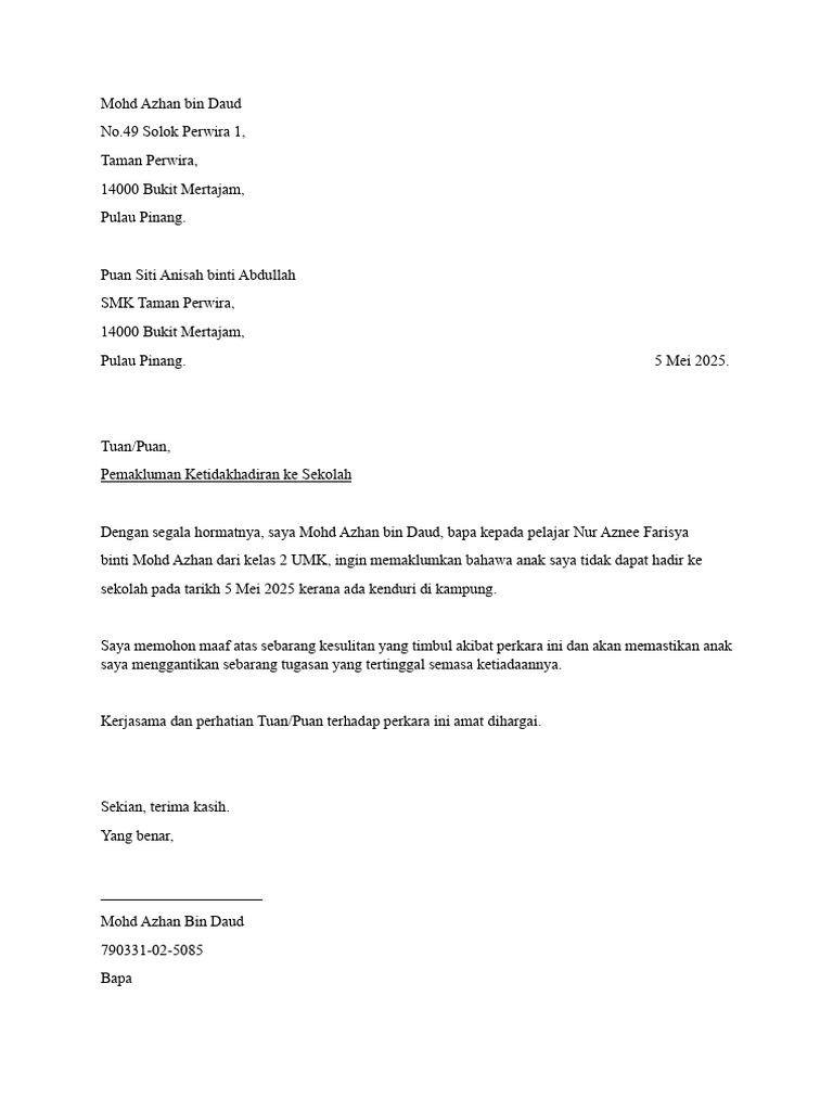 Surat Tidak Hadir Ke Sekolah Aznee Farisya | PDF