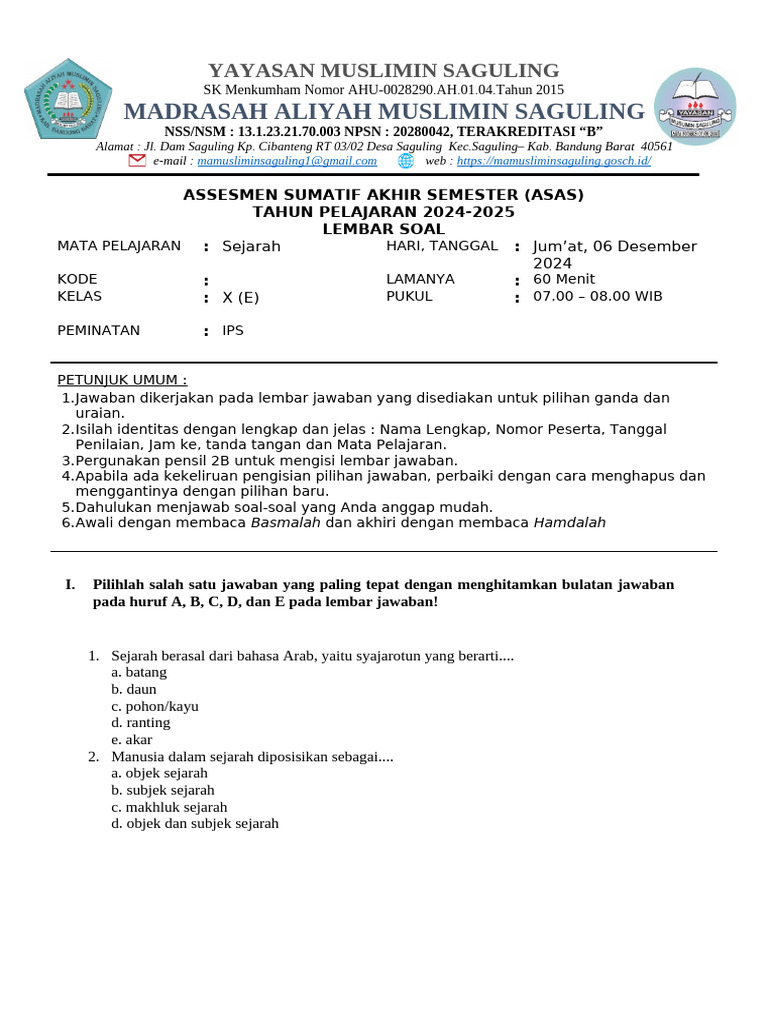 SOAL UAS KELAS X- 2024-2025 | PDF
