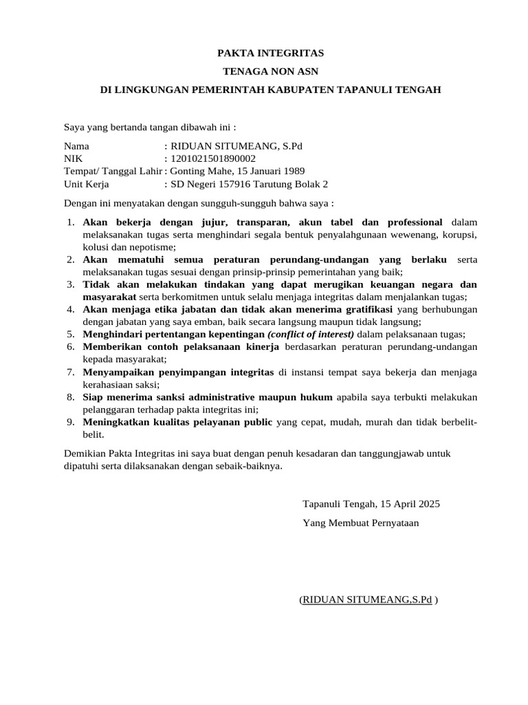 Riduan Pakta Integritas ASN | PDF