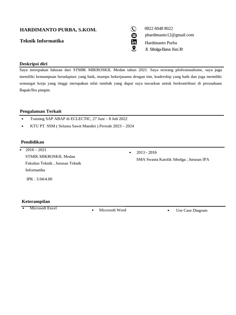 CV ATS Hardimanto Purba_Teknik Informatika | PDF