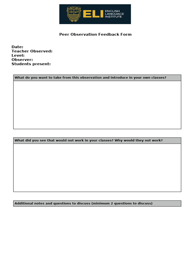 Peer Observation Feedback Template | PDF