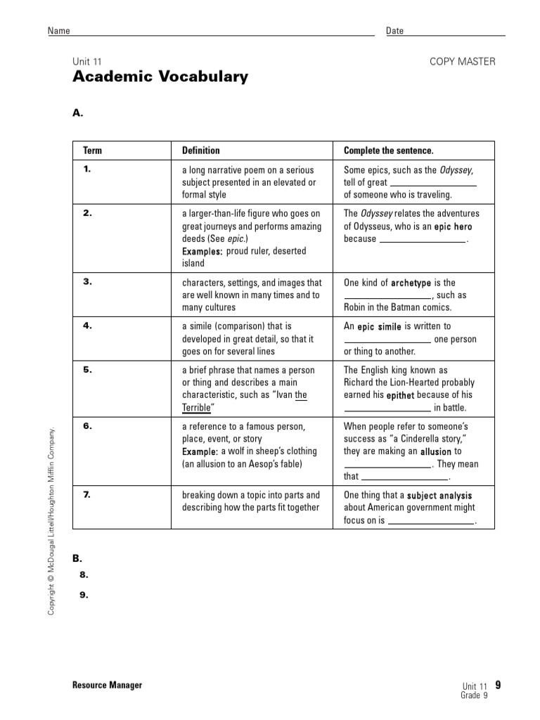 Academic Vocabulary for Epic Literature | PDF | Odyssey | Epic Poetry