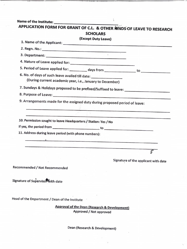 CL Leave Application Form for Scholars | PDF