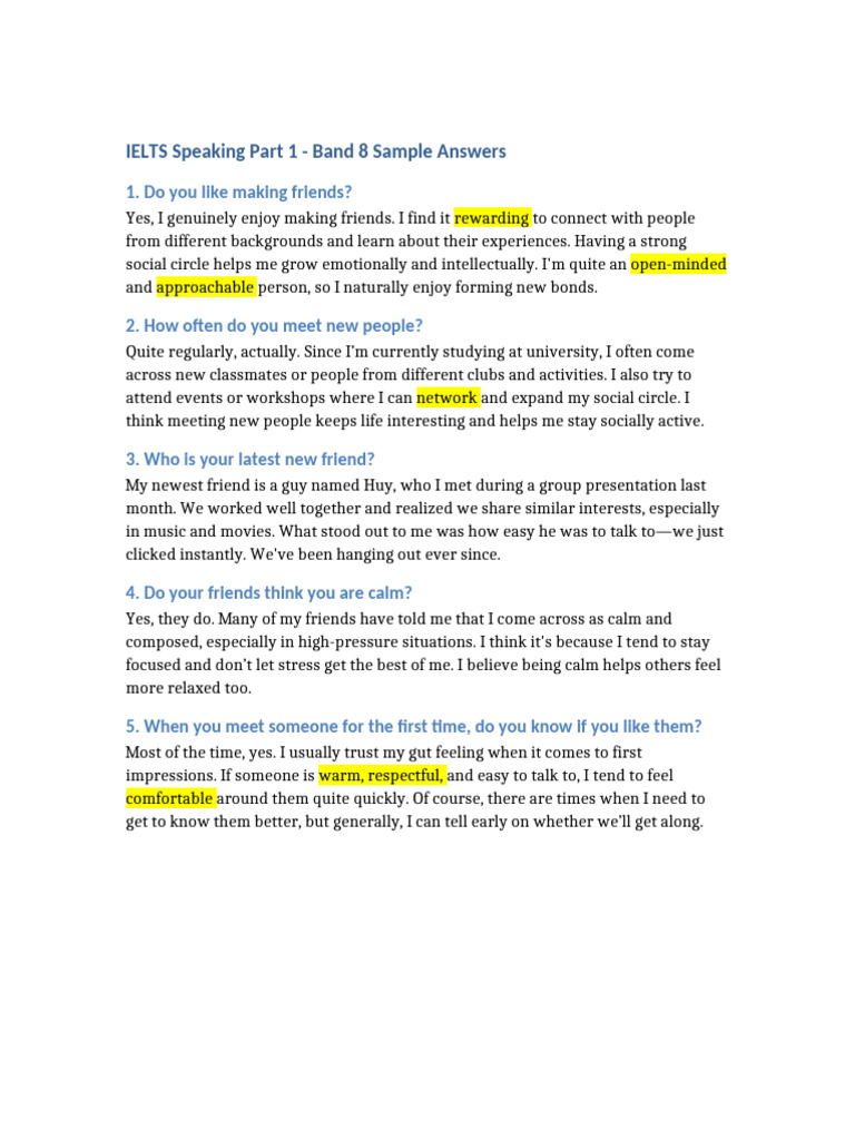 Band 8 IELTS Speaking Sample Answers | PDF