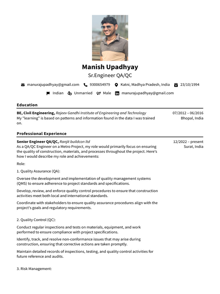 QA/QC Engineer Profile for Metro Projects | PDF | Quality Assurance ...