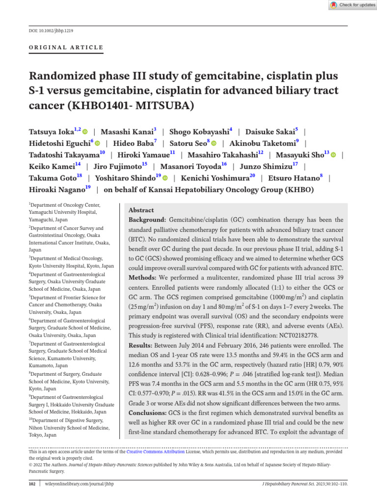 J Hepato Biliary Pancreat - 2022 - Ioka - Randomized Phase III Study of Gemcitabine Cisplatin ...