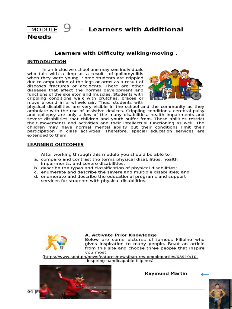 Learners with Additional Needs: Learners with Difficulty Walking/Moving | PDF | Cerebral Palsy ...