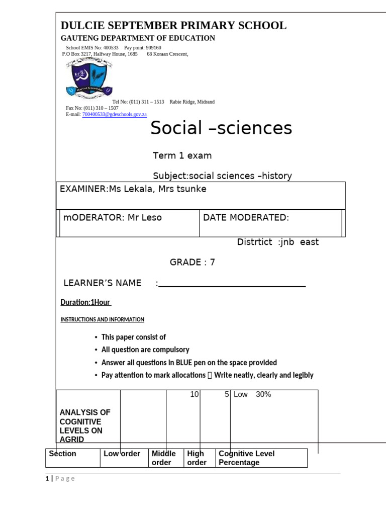 Grade 7 History Term 1 Exam Paper | PDF