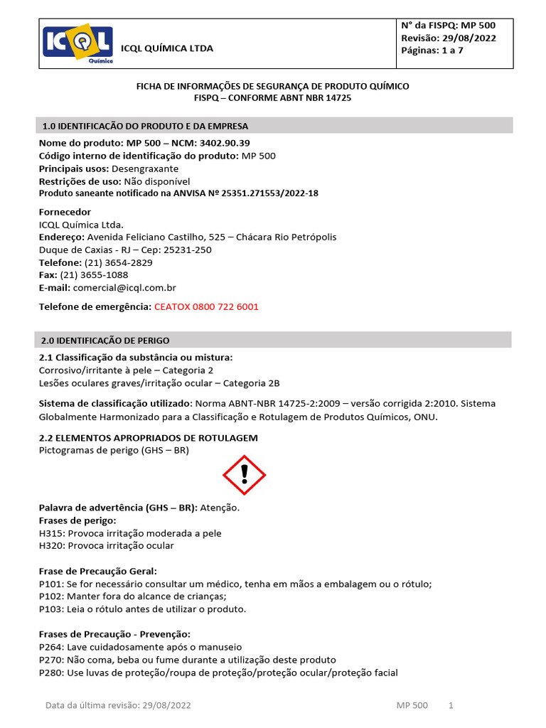FDS Desengraxante MP 500 | PDF | Primeiros socorros | Cloreto de polivinila (PVC)