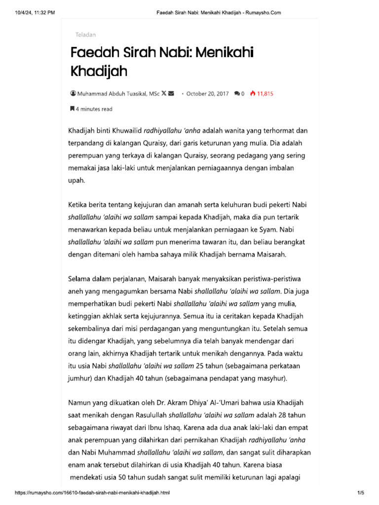 Faedah Sirah Nabi - Menikahi Khadijah - Rumaysho | PDF